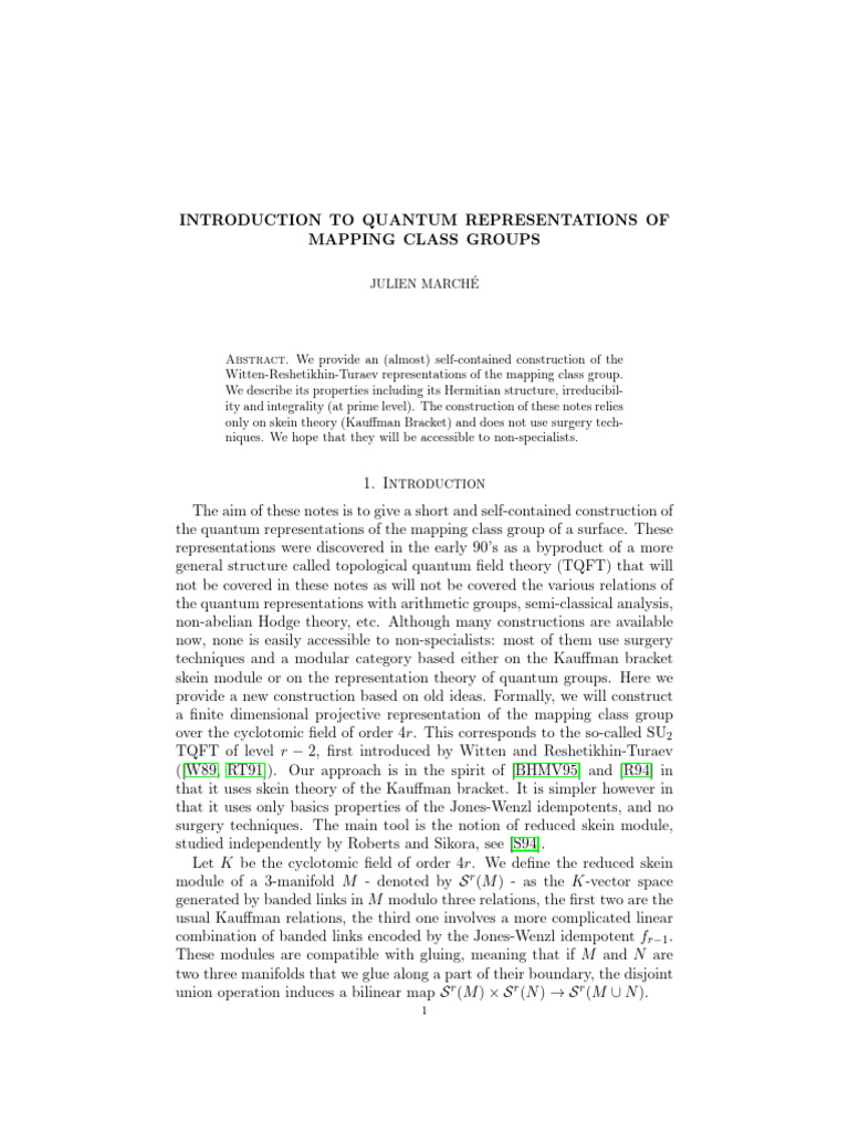 Introduction To Quantum Representations of Mapping Class Groups | PDF | Module (Mathematics ...