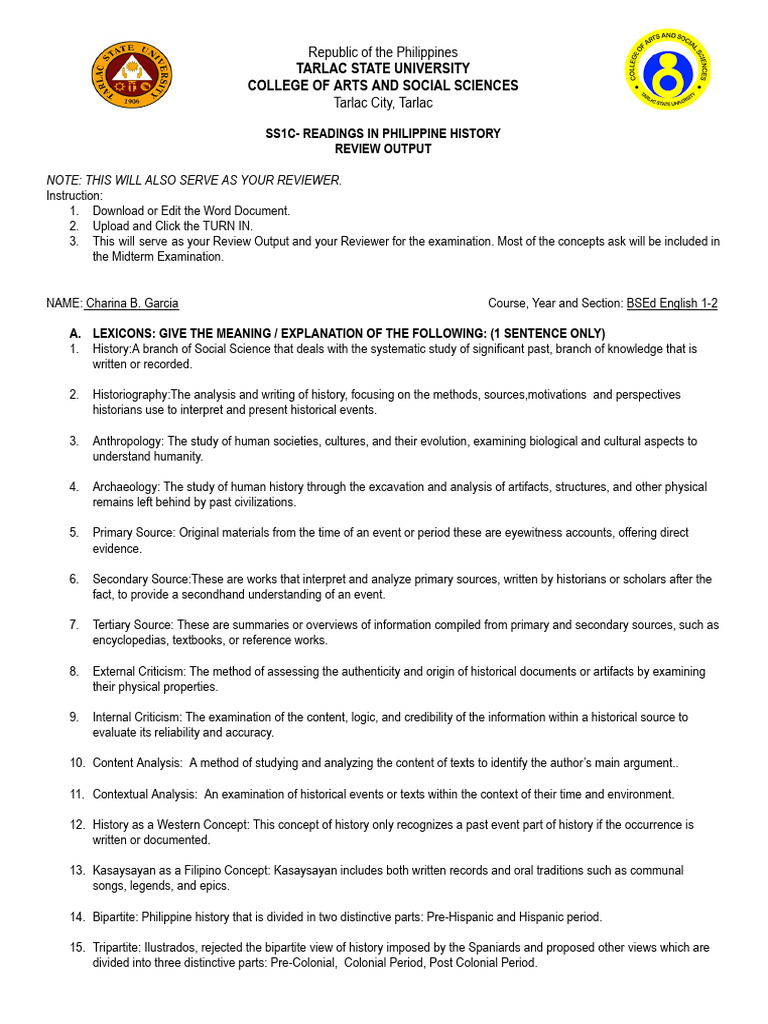 Ss1c Review Output (Midterm) | PDF | Primary Sources | Philippines
