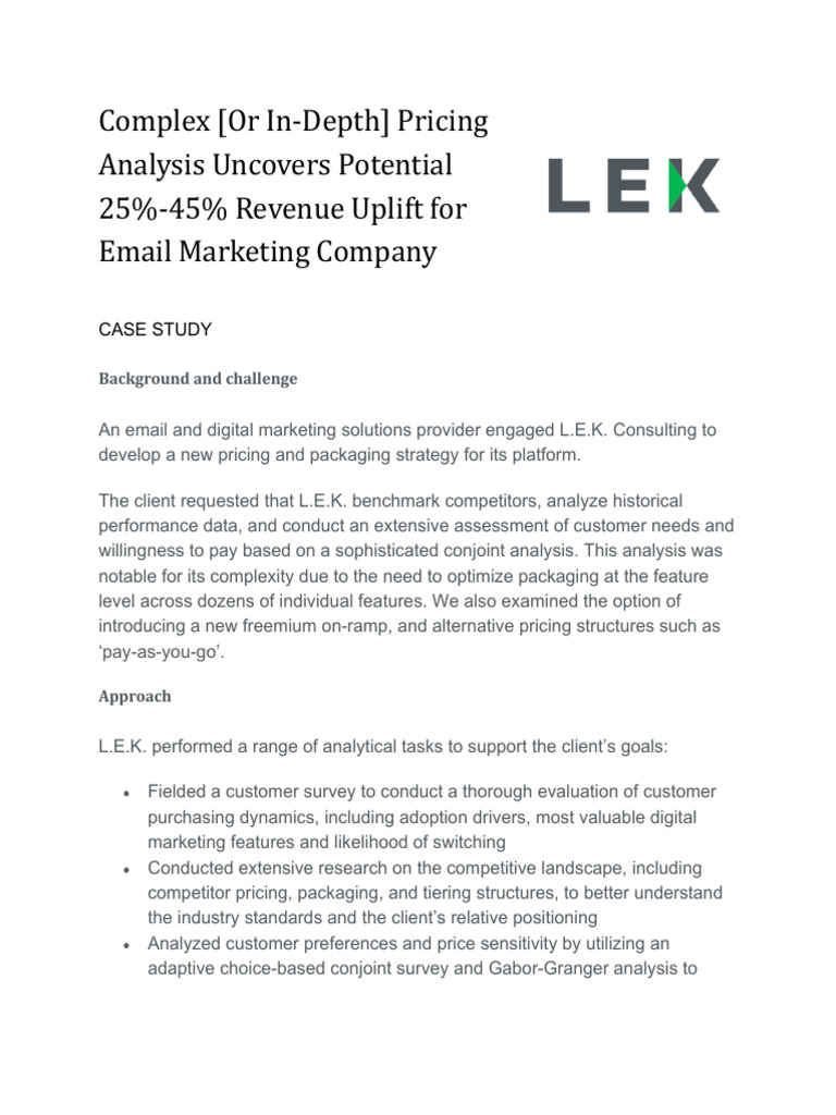 LEK - Complex Pricing Analysis Uncovers Revenue Uplift | PDF