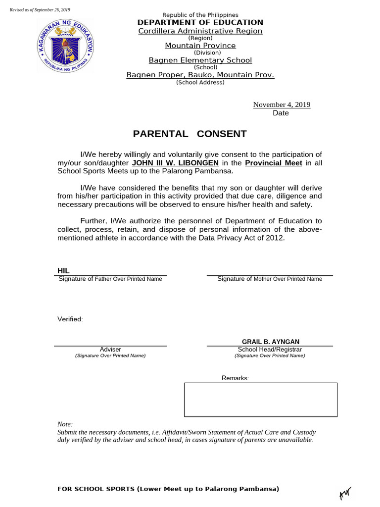2020 Parents Consent Revised 2 | PDF