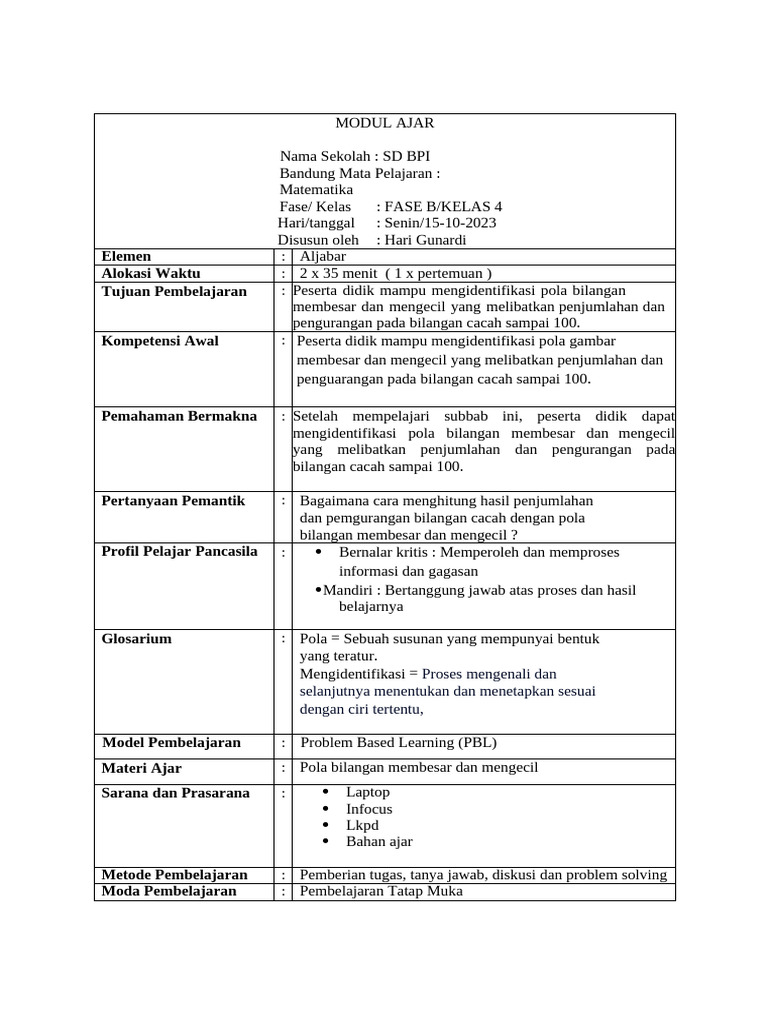 Modul Ajar Pola Bilangan | PDF