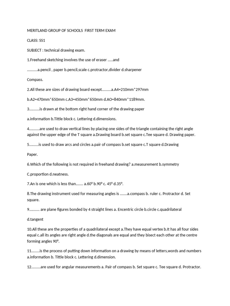 SS1 Technical Drawing Exam | PDF | Circle | Angle