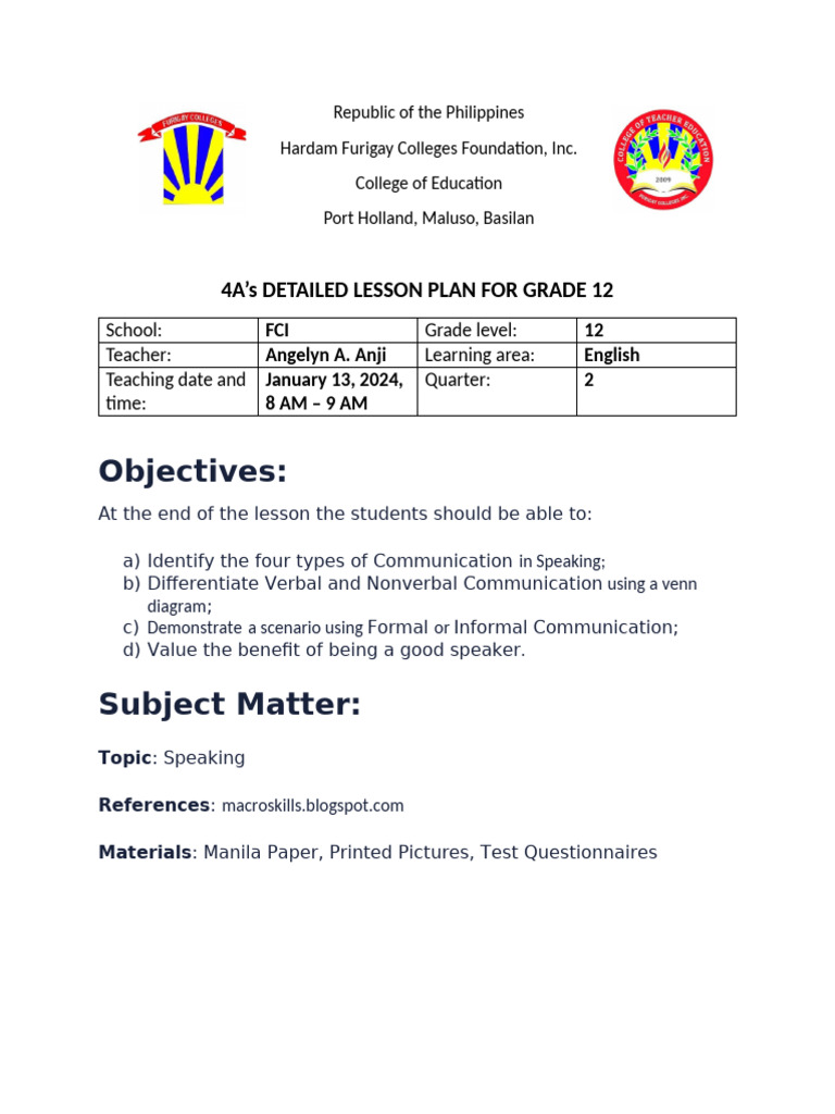 LESSON PLAN - SPEAKING | PDF | Nonverbal Communication | Communication