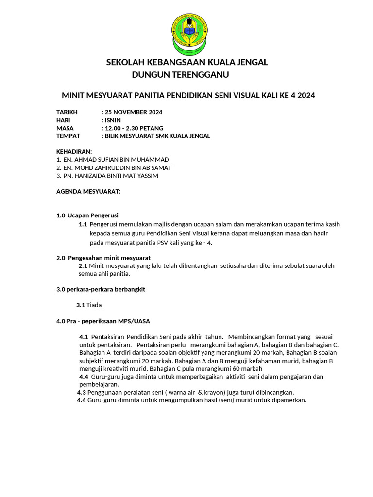 Minit Mesyuarat PSV Kali Kedua 2024 | PDF