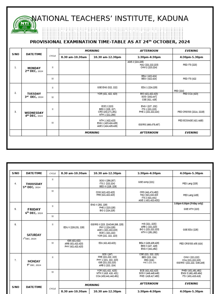 2024 NCE Examination Timetable - NTI Kaduna | PDF