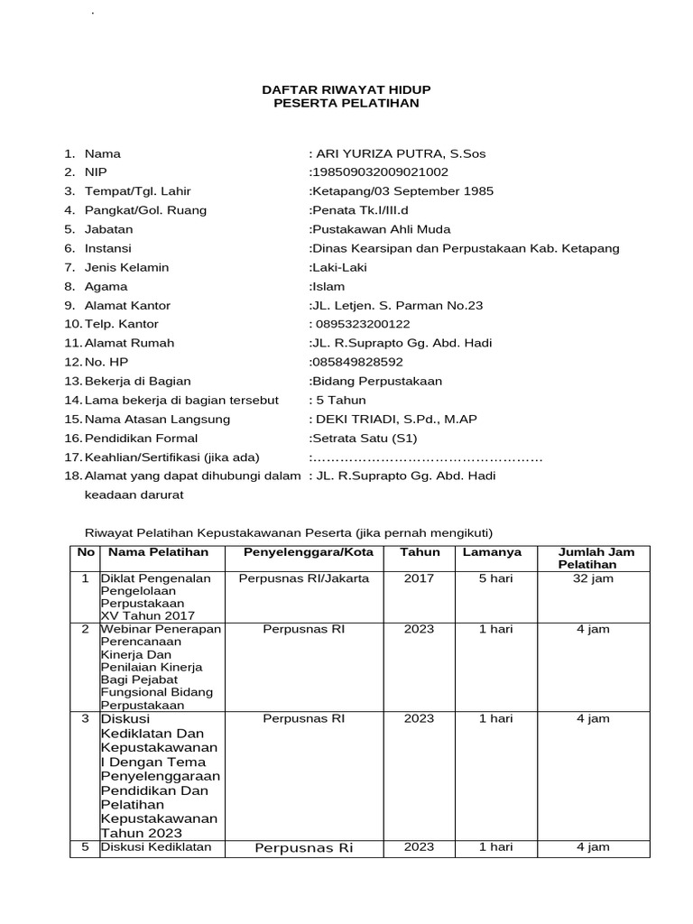 Riwayat Pelatihan Ari Yuriza Putra | PDF