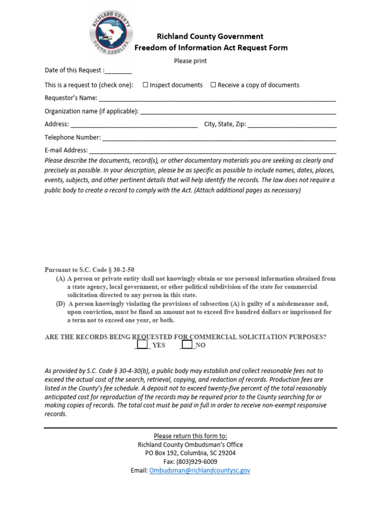 Richland County FOIA Request Form | PDF | Freedom Of Information Act ...
