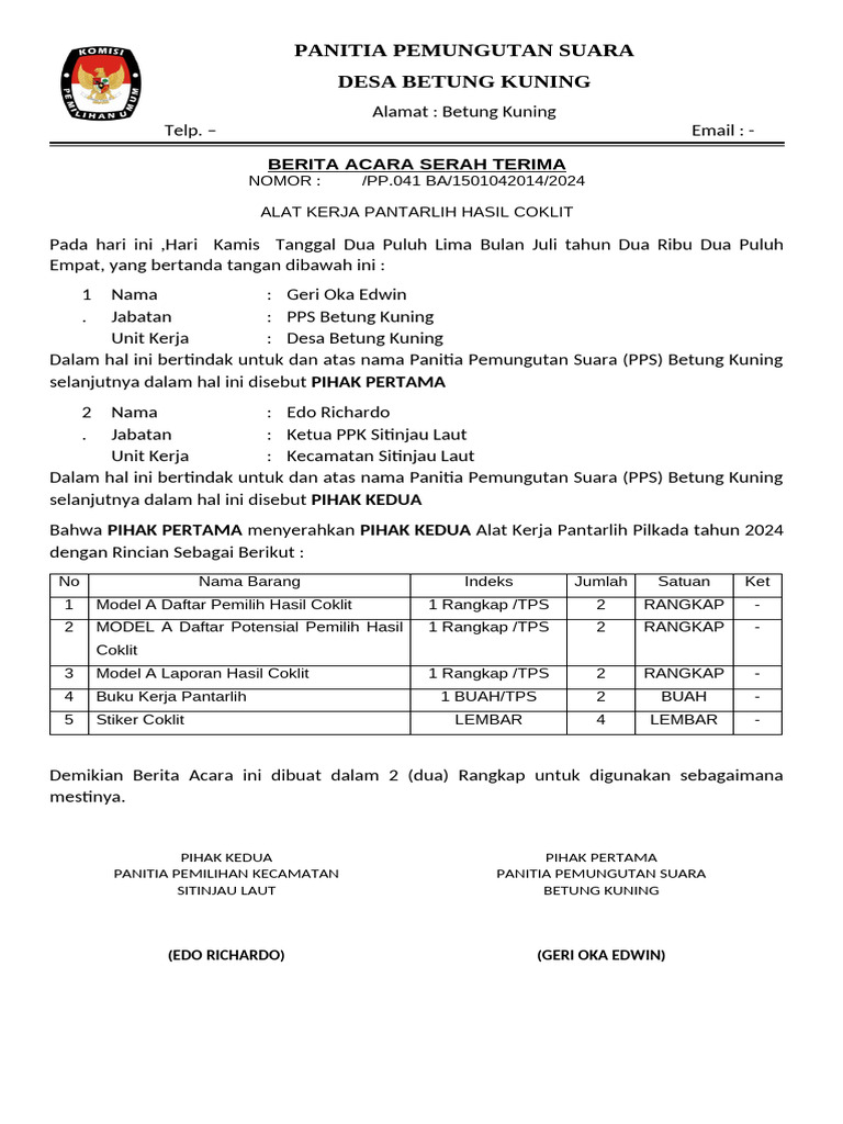 BA SERAH TERIMA ALAT KERJA PANTARLIH _BK | PDF BA SERAH TERIMA ALAT KERJA PANTARLIH _BK | PDF