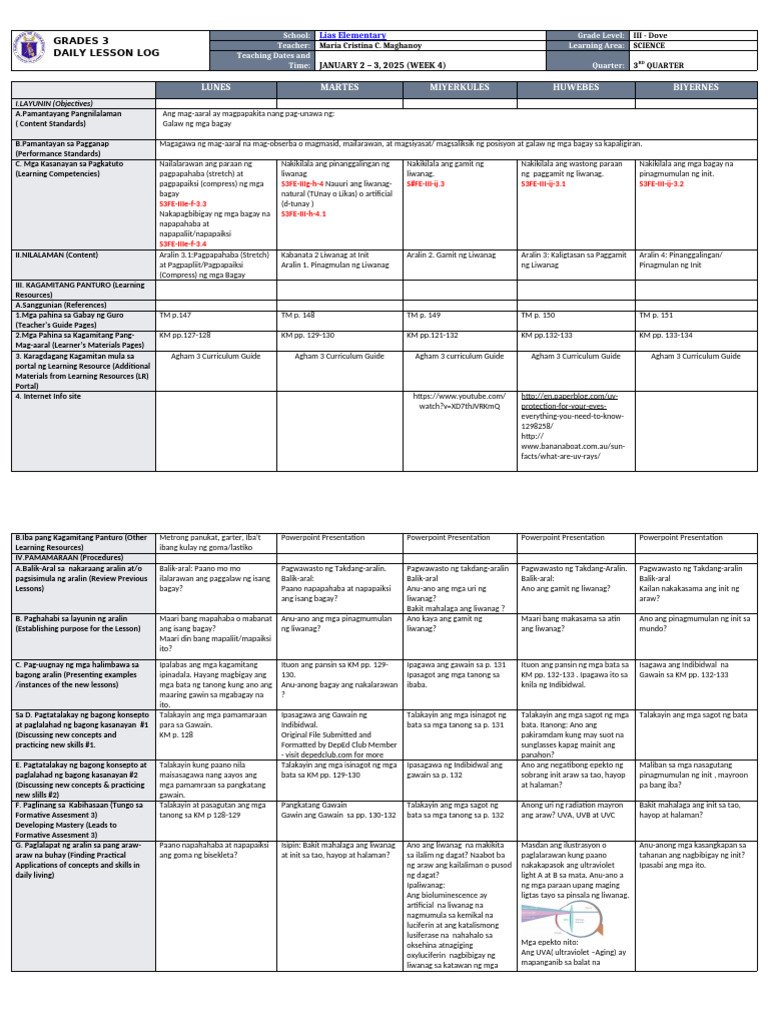 DLL - Science 3 - Q3 - W4 | PDF