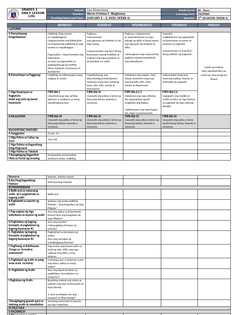 DLL - Filipino 3 - Q3 - W4 | PDF