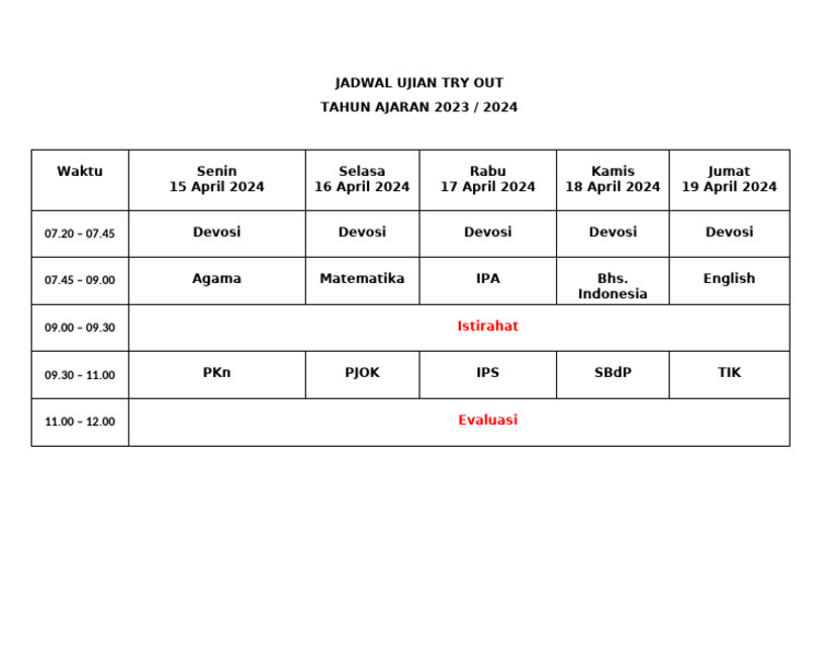 Jadwal Ujian Try Out Baru 2024 | PDF