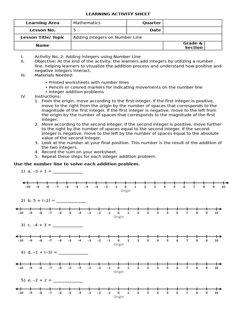 Adding Integers Innumber Line Pdf