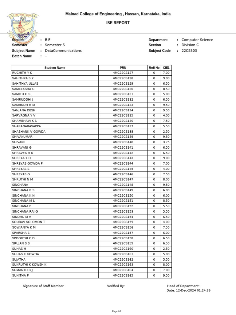 ISE_Analysis_CIE1-B.E-ComputerScience-Semester5-DivisionC-22CS503-DataCommunications | PDF