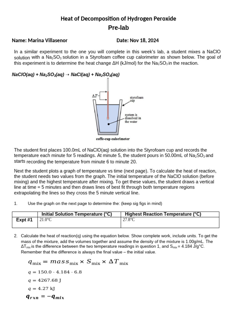 MVillasenor_Pre Lab 11 | PDF | Mole (Unit) | Chemical Reactions