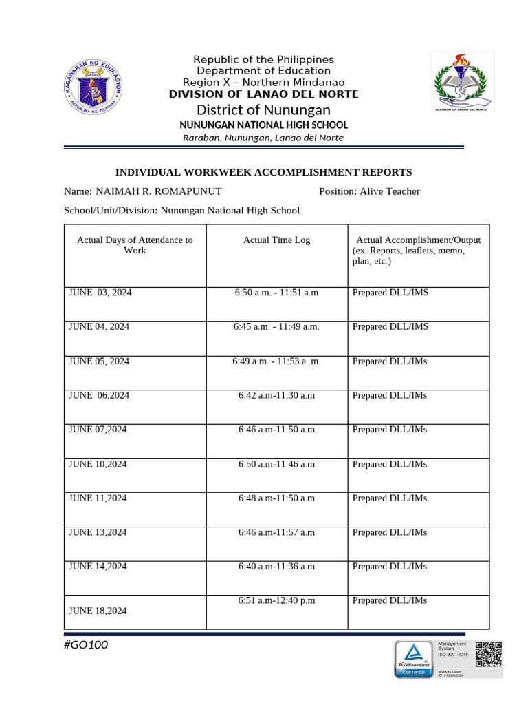 Individual Workweek Accomplishment Reports Iwwar June 2024 Naima | PDF | Philippines