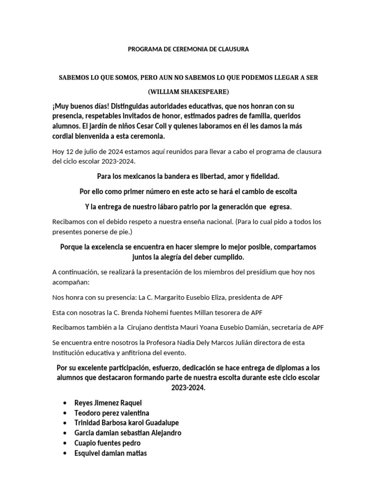 Programa de Ceremonia de Clausura | PDF