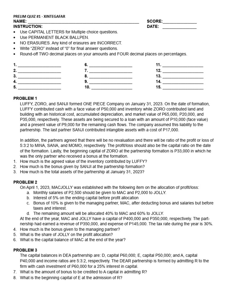 PRELIM QUIZ #1 | PDF | Expense | Liquidation