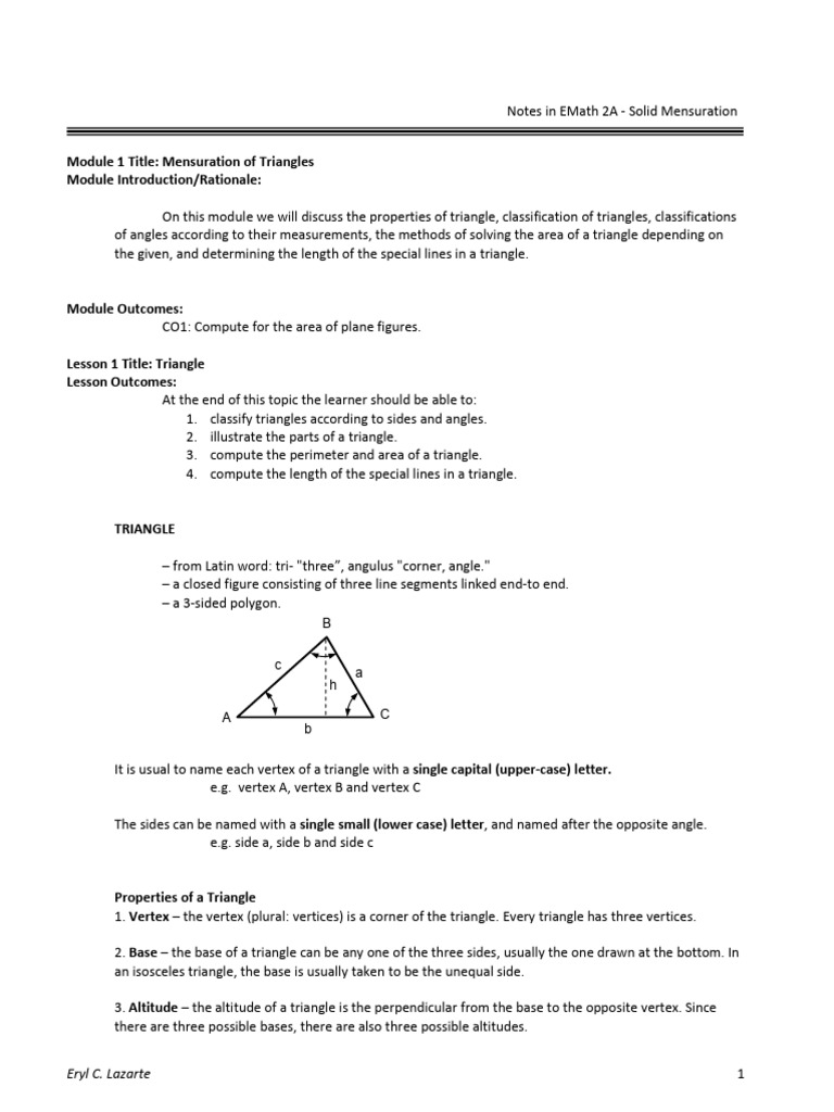 module-1-mensuration-of-triangles | PDF | Triangle | Trigonometry
