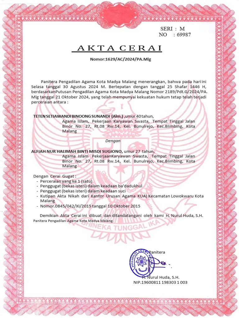 Akta Cerai Pengadilan Agama Malang | PDF