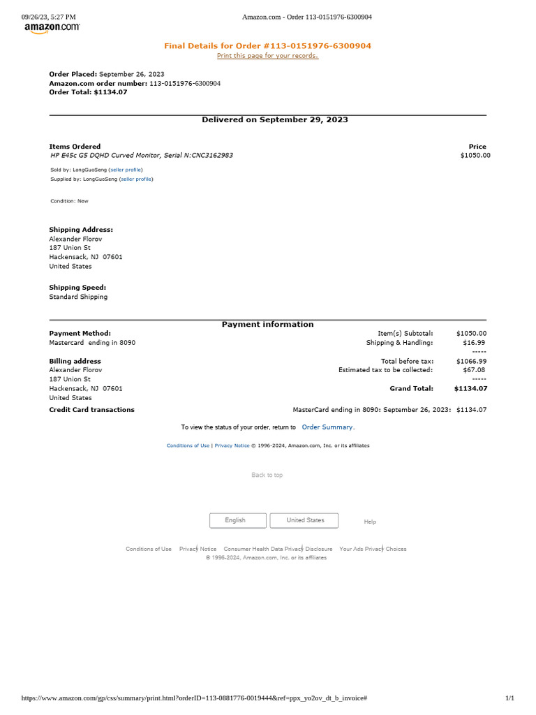 Amazon Order Summary for HP Monitor | PDF | Payments | Economies
