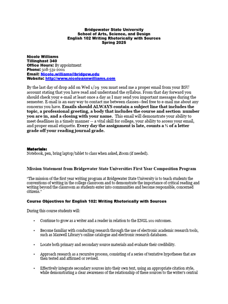 ENGL102 Spring 25 Syllabus | PDF | Academic Dishonesty | Plagiarism