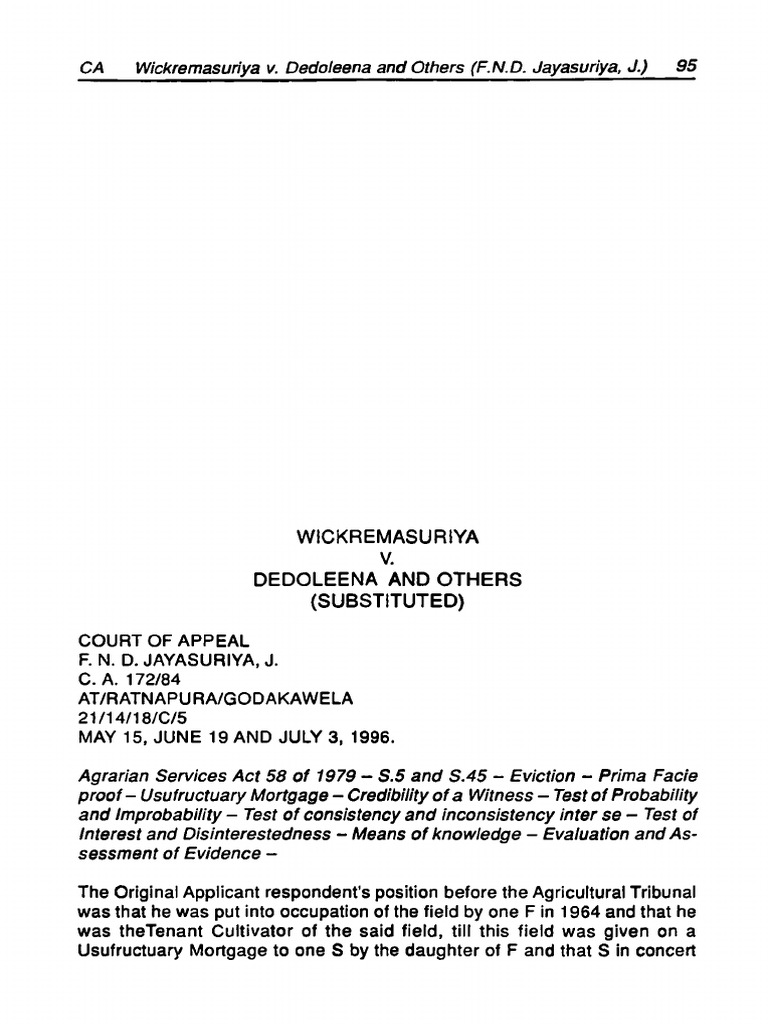 018 SLLR SLLR 1996 V 2 Wickremasuriya v. Dedoleena and Others | PDF ...