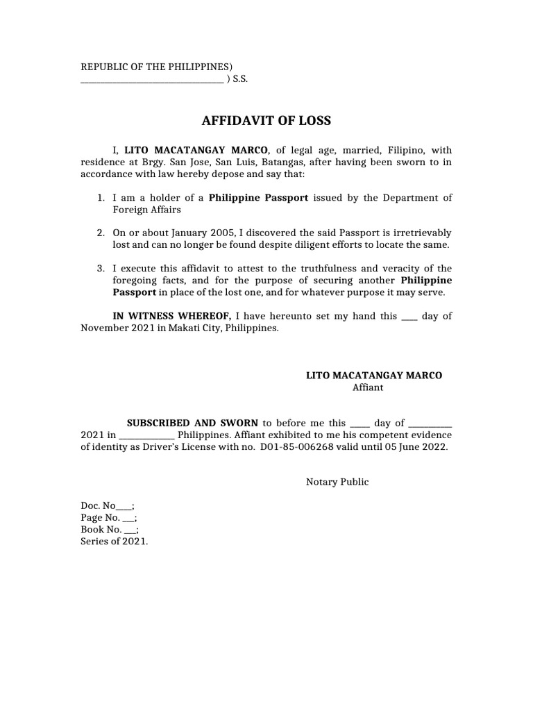 Sample Affidavit of Loss Passport | PDF
