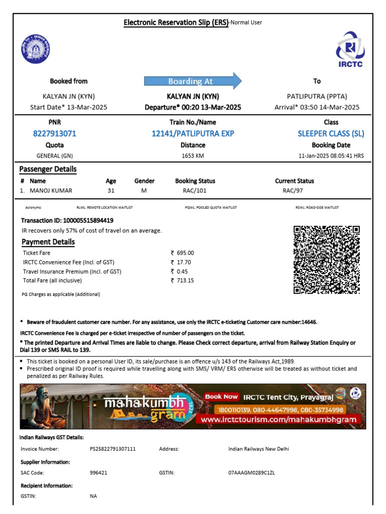 Electronic Reservation Slip for Train Booking | PDF | Identity Document ...