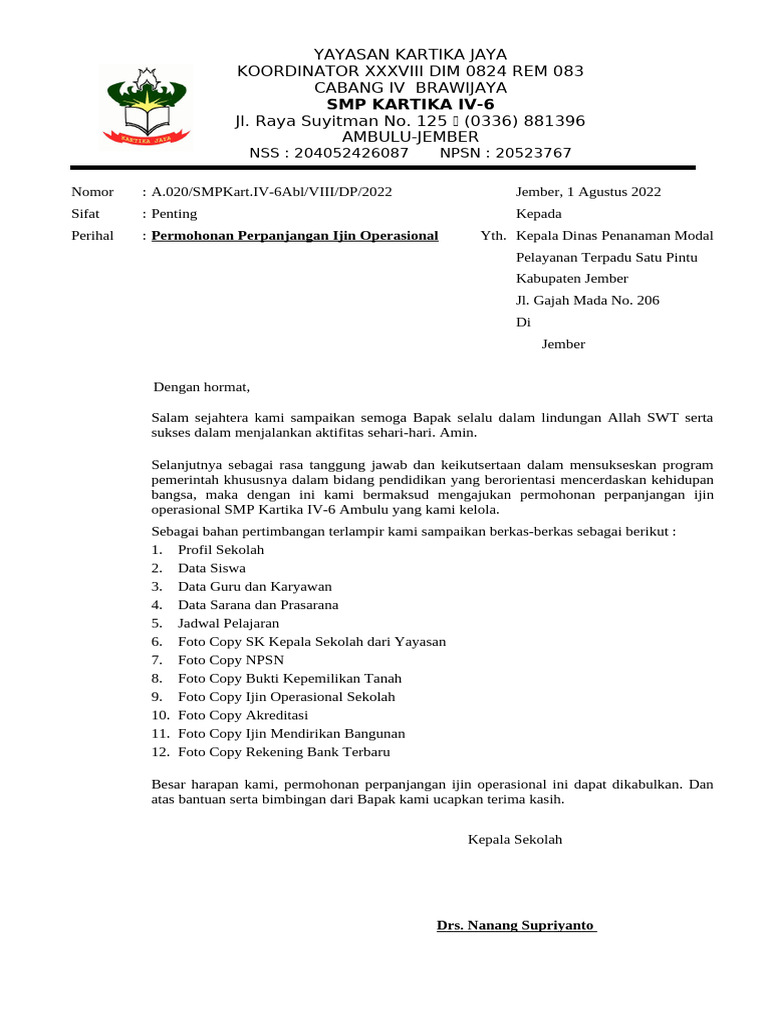 Surat Permohonan Ijin Operasional 22 | PDF