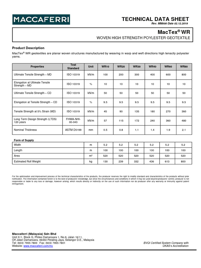 Technical Data Sheet For High Strength Woven Polyester Geotextile - R1 | PDF | Materials Science ...
