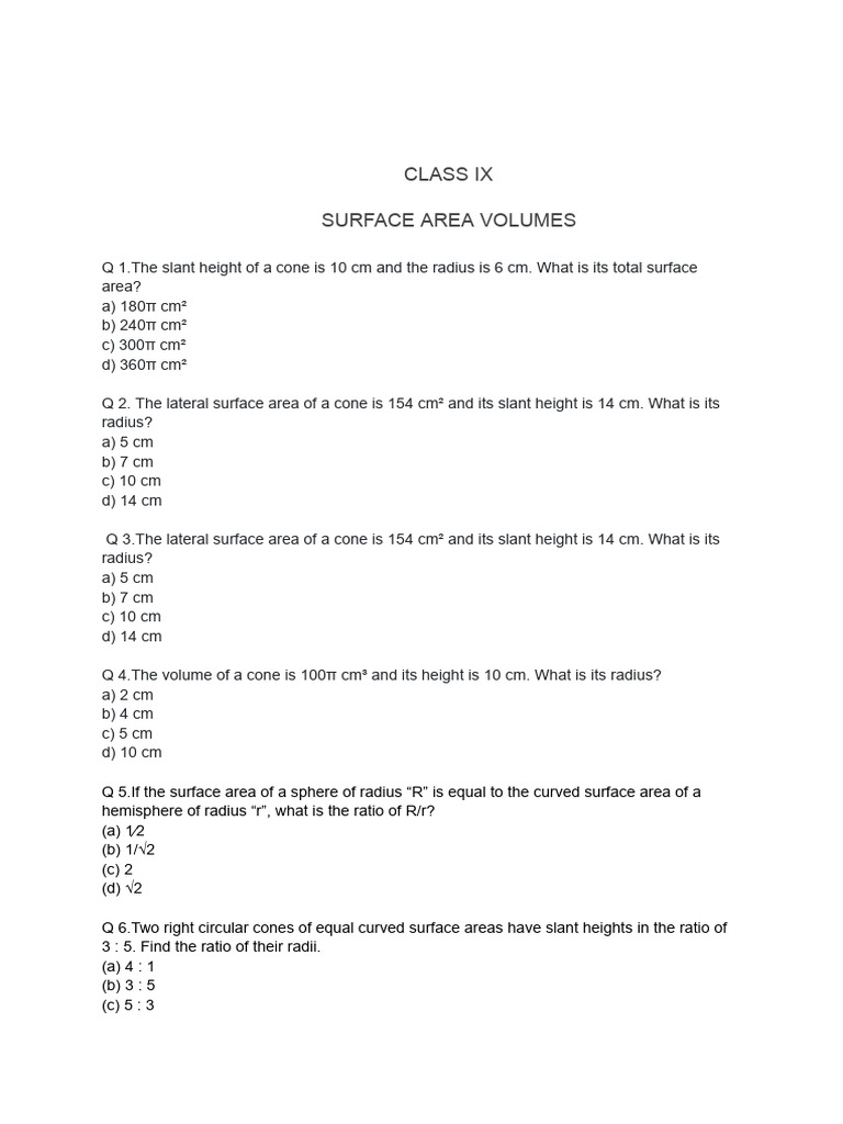 QUESTION BANK CLASS 9 SURFACE AREA VOLUME | PDF | Sphere | Area