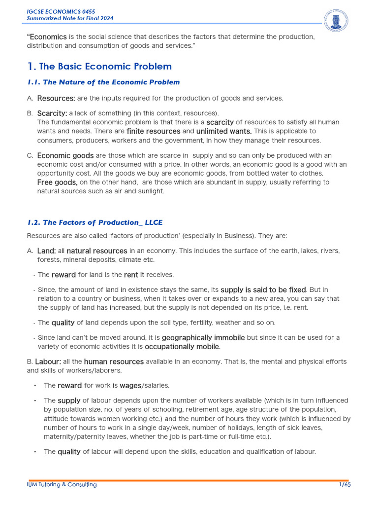 IGCSE Economics Note | PDF | Cost Of Living | Labour Economics