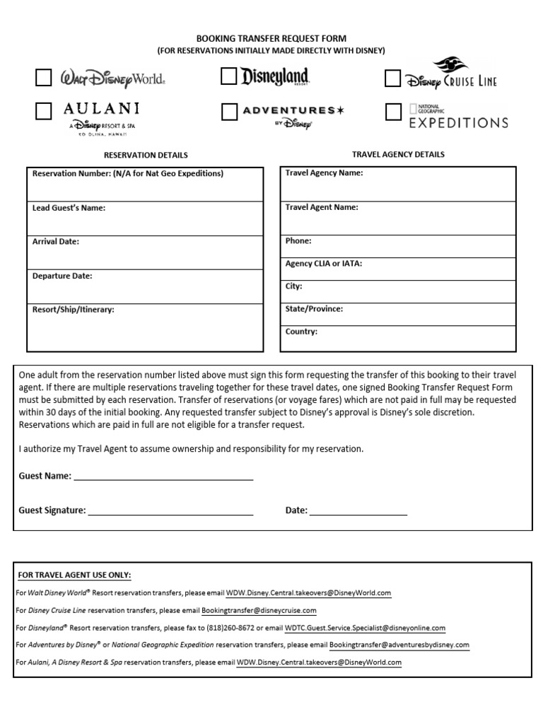 Disney Booking Transfer Request Form | PDF