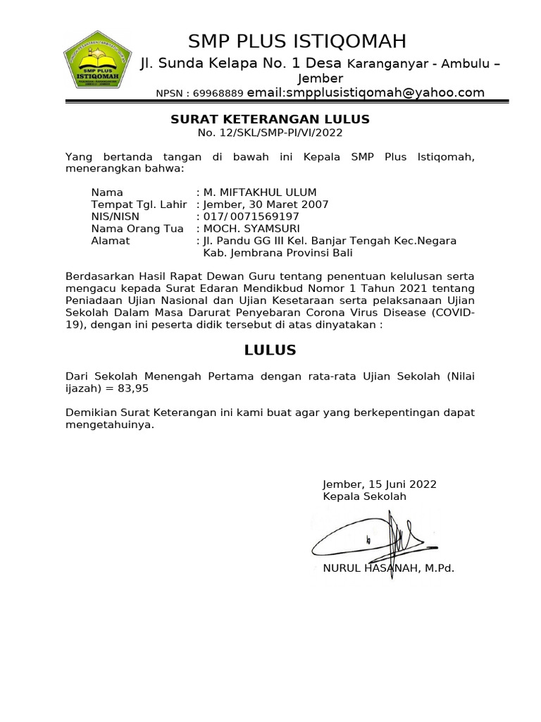 Surat Keterangan Lulus SMP Plus Istiqomah | PDF