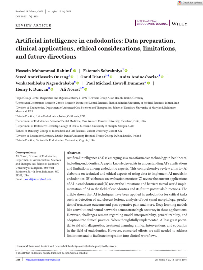 Int Endodontic J - 2024 - Mohammad‐Rahimi - Artificial intelligence in ...