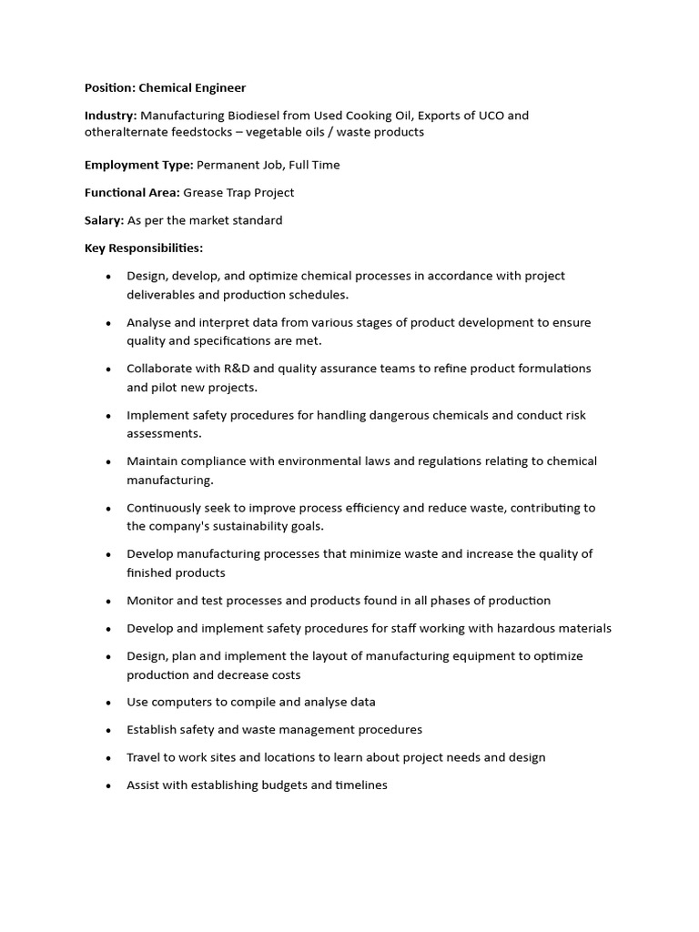 JD Chemical Engineer | PDF