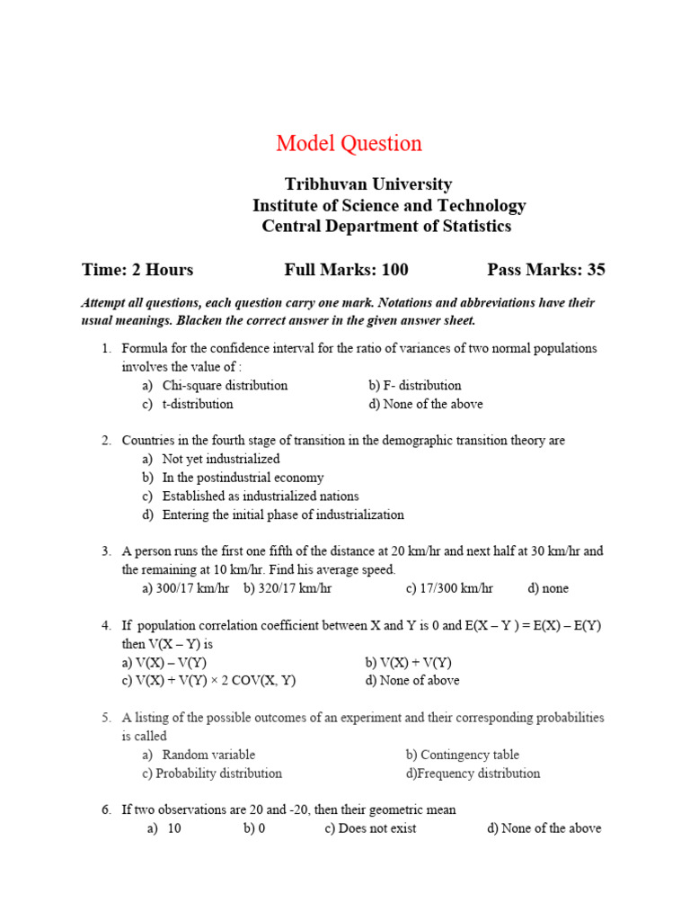 Model Question of Entrance Exam. | PDF | Probability Distribution ...