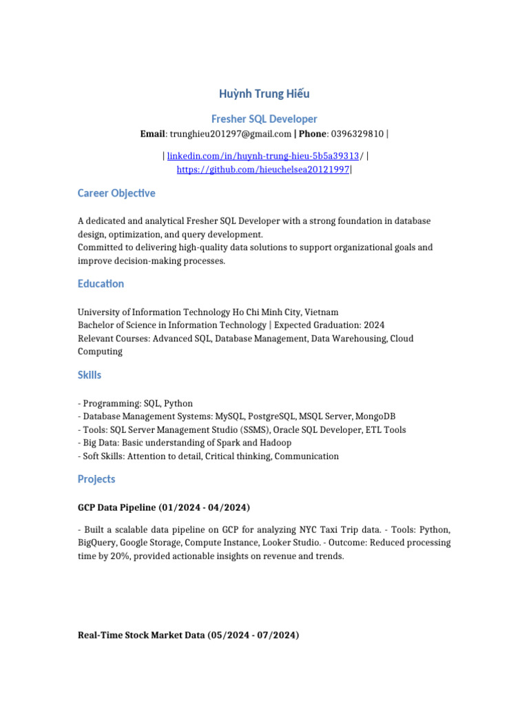 Fresher SQL Developer CV HuynhTrungHieu | PDF