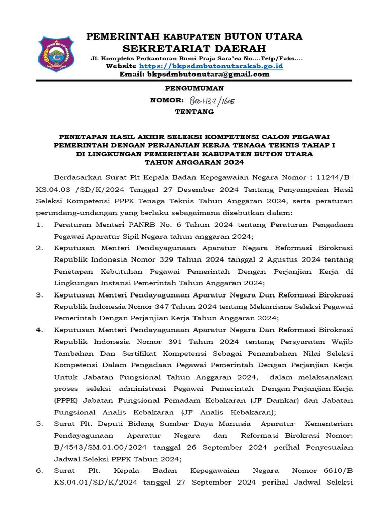 Pengumuman Hasil Seleksi Kompetensi PPPK Tahap 1 Tenaga Teknis Di Lingkungan Kabupaten Buton ...