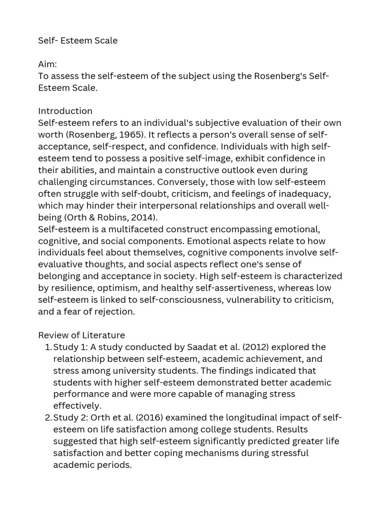 Self- Esteem Scale | PDF | Self Esteem | Psychology