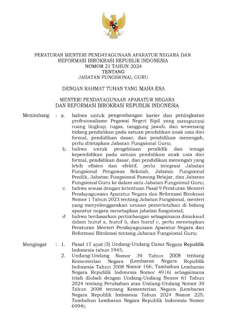 Permenpan RB No-21-Tahun-2024 Tentang Jabatan Fungsional Guru | PDF