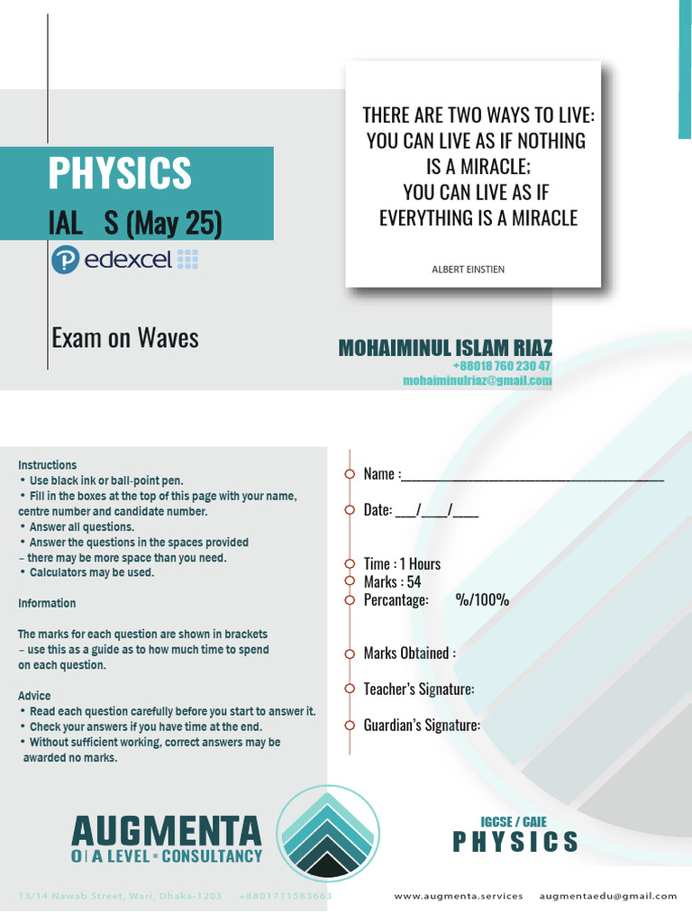 Physics As Unit 2 Exam On Waves May 25 Batch | PDF | Wavelength | Waves