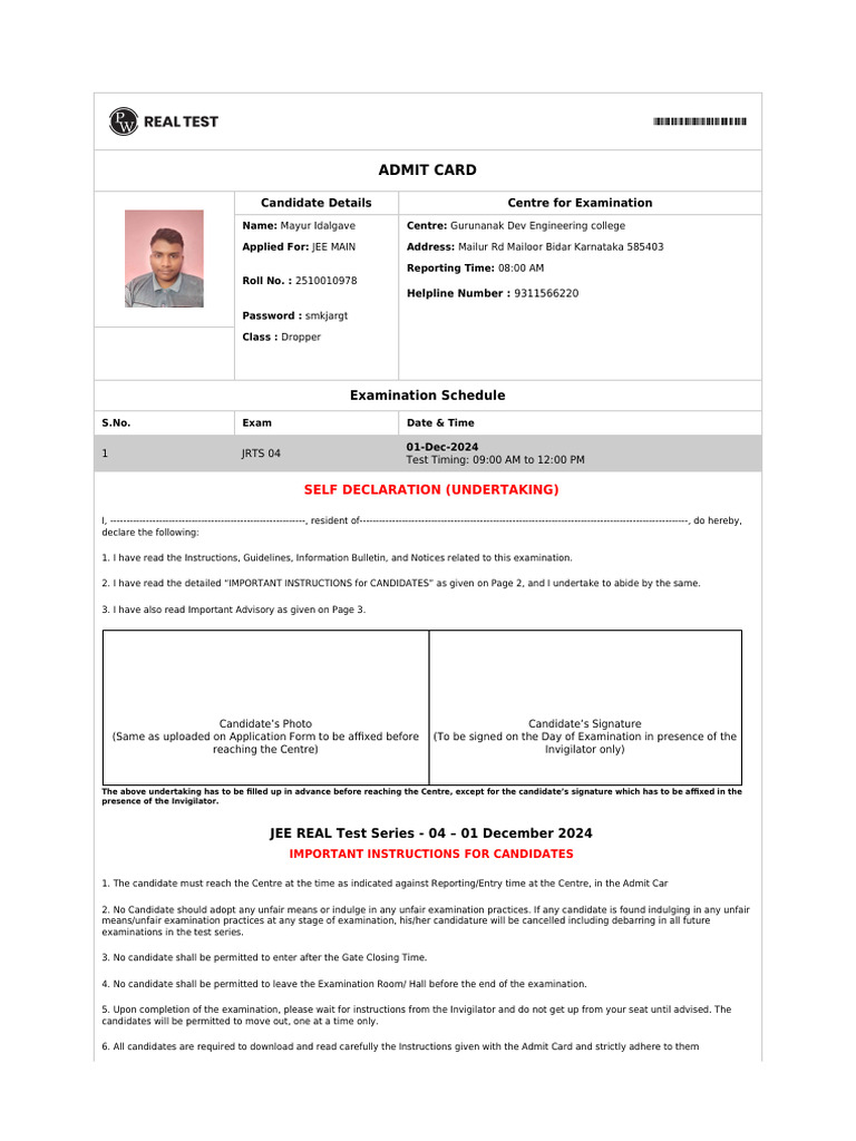 Admitcard 2510010978 6408106 | PDF | Identity Document