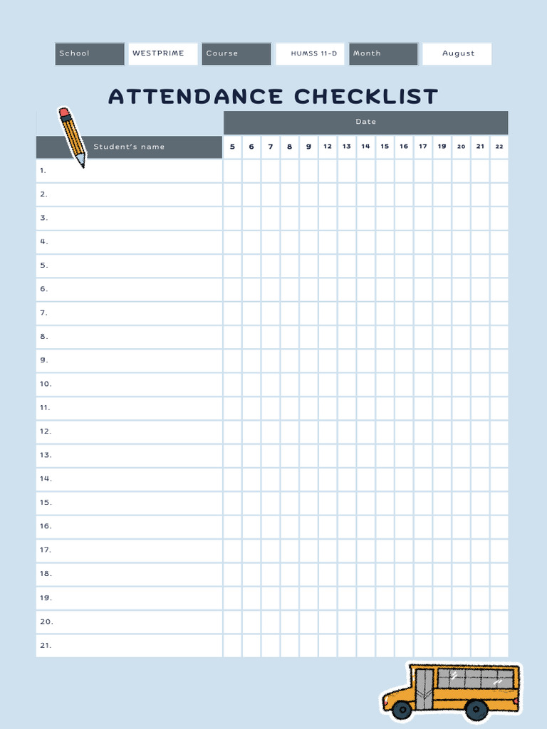 Class Attendance Sheet in Blue Light Blue and Grey Simple School Style ...