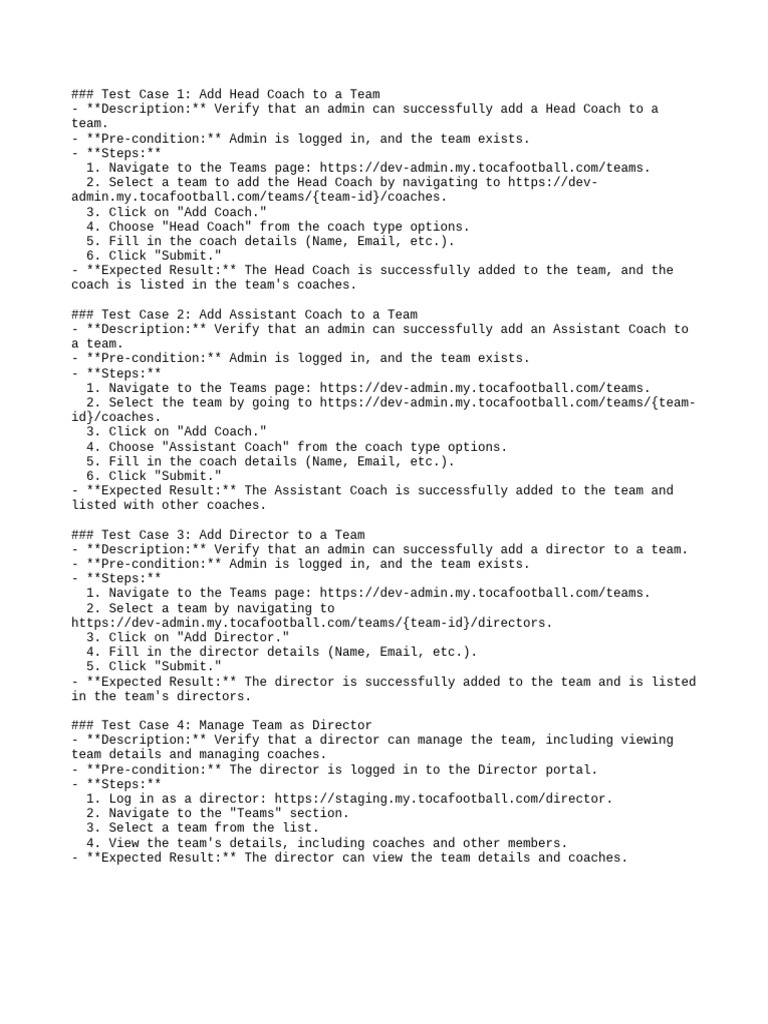 Team Coach Test Cases Part1 | PDF
