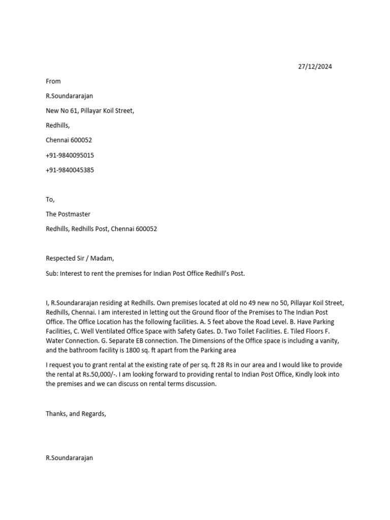 Request to Rent Premises for Post Office | PDF