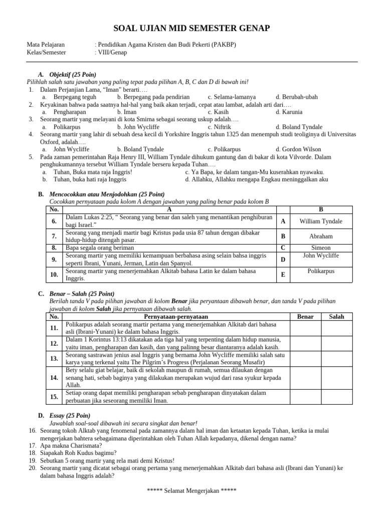 Soal Ujian MID Semester Genap Kelas 8 2022-2023 | PDF