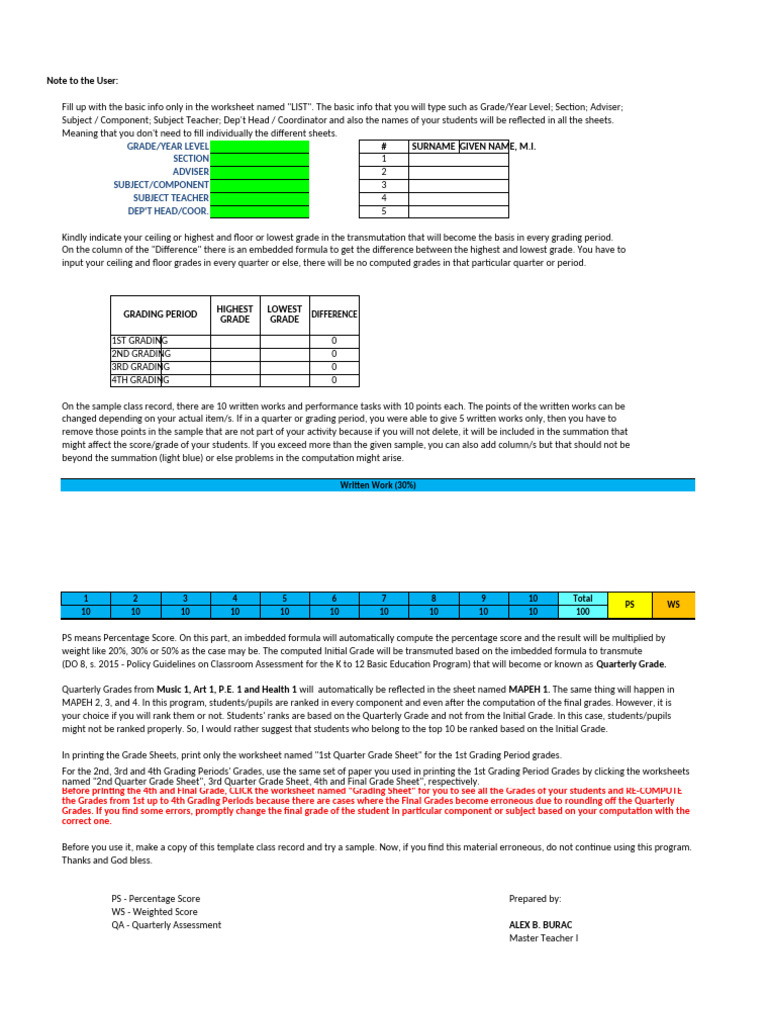 Class Record Template for MAPEH Grades | PDF