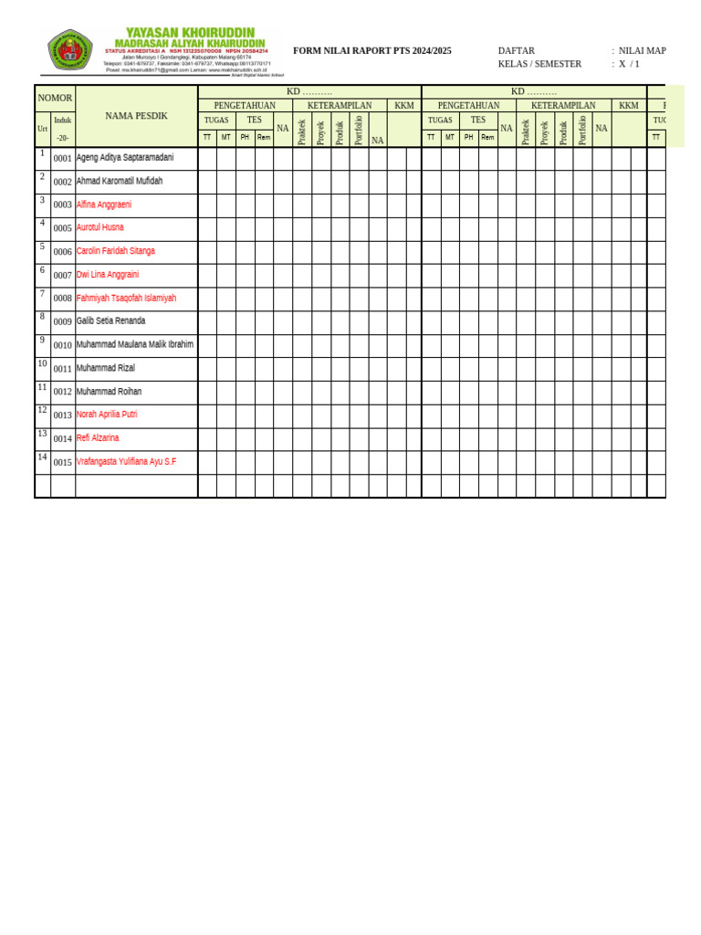 Form Nilai Untuk Rapor PTS Ganjil 24-25 | PDF