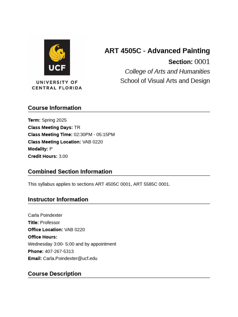 Spring 2025 ART 4505C 0001 ADVANCED PAINTING | PDF | Academic ...